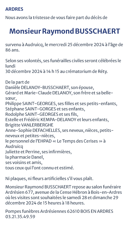 Décès de Raymond BUSSCHAERT | Tacot Club Calaisien